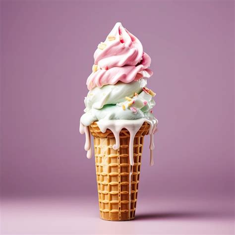Premium Ai Image Melting Ice Cream And Wafer Cone On Background