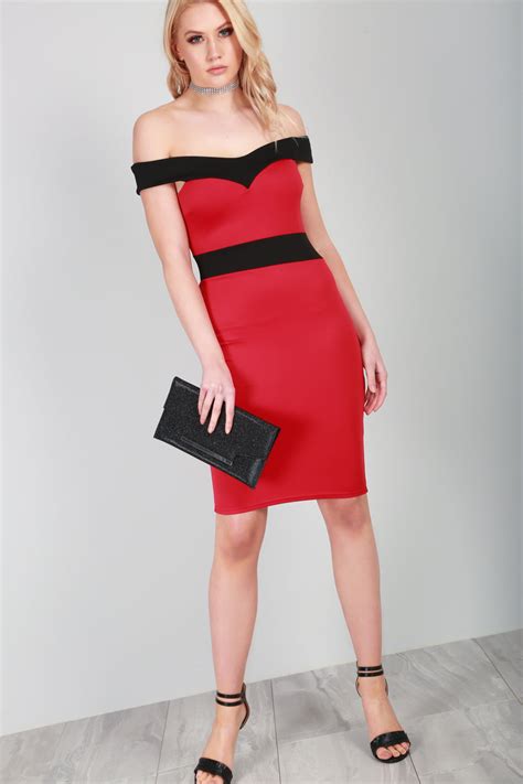 Red Bardot Ribbed Bodycon Midi Dress Evening Dresses