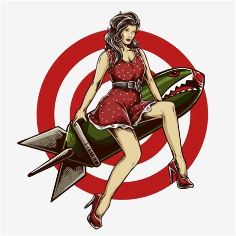 Vettore Di Pin Up Girl Con Un Razzo Retrò O Un Missile Ragazza Sexy Con