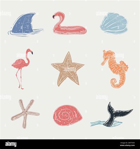 Colorful Linocut Vector Nautical Graphic Collection Stock Vector Image