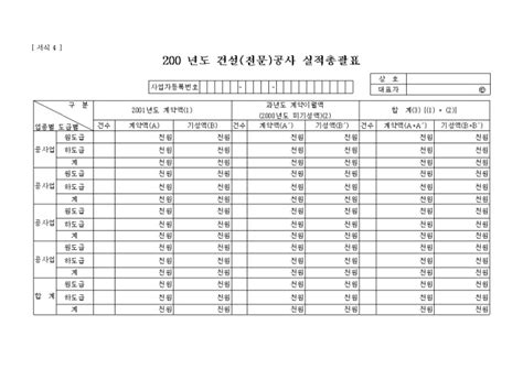 건설 전문 공사 실적총괄표 샘플 양식 다운로드