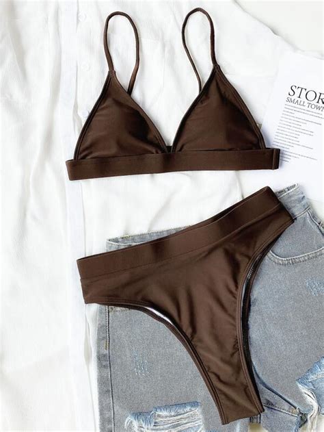 Shein Swim Basics Solid Bikini Set Triangle Bra And High Waisted Bottom 2