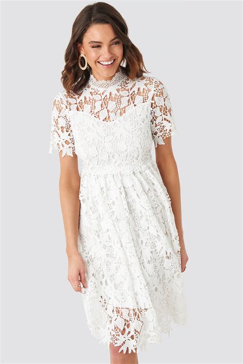 High Neck Short Sleeve Lace Dress White Na