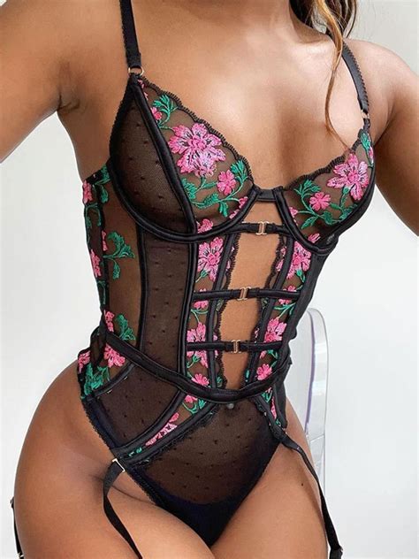 Wholesale Seductive Flower Embroidery Sleeveless Bodycon Bodysuit