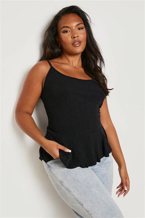 Black Plus Soft Rib Peplum Vest Top Boohoo Uk