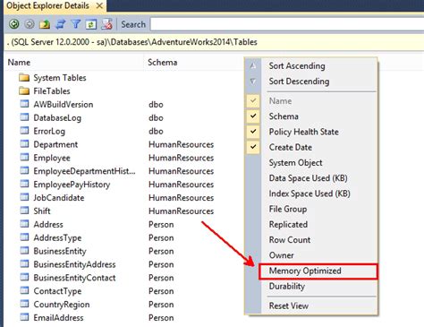 sql server filter in memory oltp tables in ssms sql