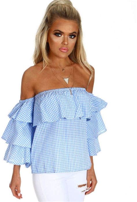 Pink Boutique Love Game Blue And White Gingham Bardot Top Bardot Top