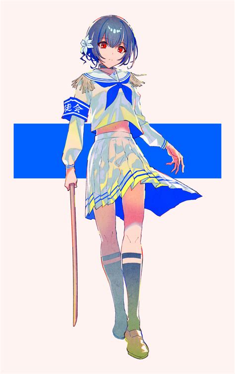 Safebooru 1girl Absurdres Armband Black Legwear Blue Hair Blue
