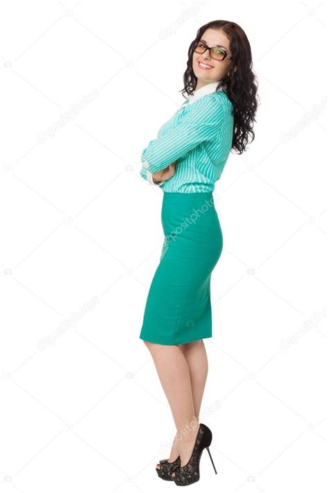 Smiling Slim Brunette Girl In Green Skirt And Blouse Wearing Gla Stock