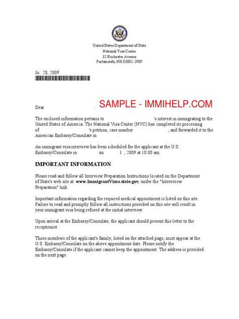 Sample Interview Appointment Letter Nvc For Us Immigrant Visa Pdf
