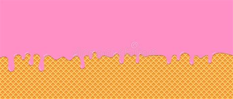 Pink Strawberry Ice Cream Melted On Waffle Background Vector