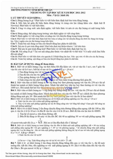 [doc] Hướng Dẫn ôn Tập Thi Học Kì Ii Vật Lý 10 Thư Viện Vật Lý