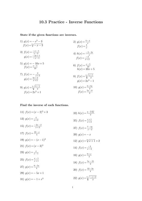 Inverse Functions Worksheet With Answers
