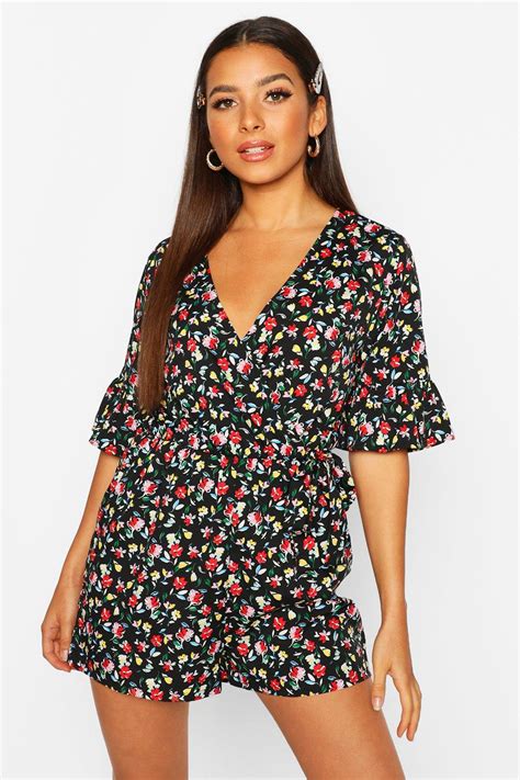 Ditsy Floral Wrap Ruffle Playsuit Boohoo