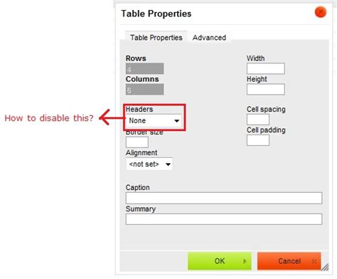 javascript how to disable headers in table properties for ckeditor
