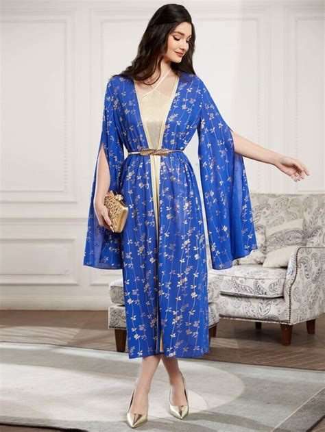 Shein Najma Gold Floral Print Split Sleeve Coat And Dress Without Belt