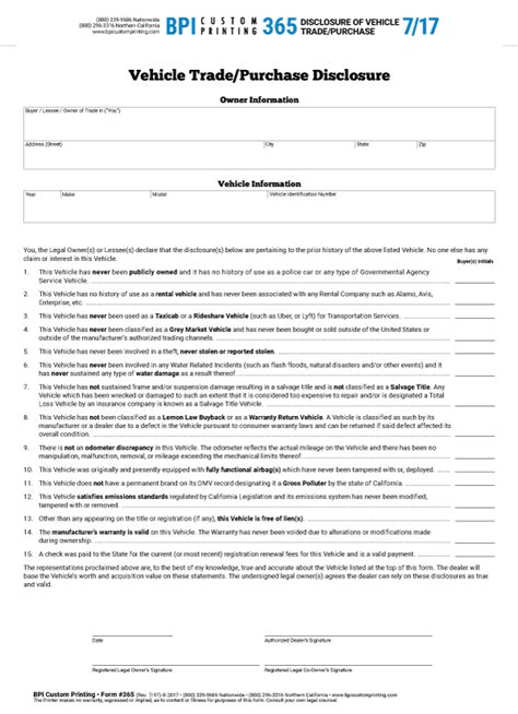 Vehicle Trade Purchase Disclosure Bpi Custom Printing