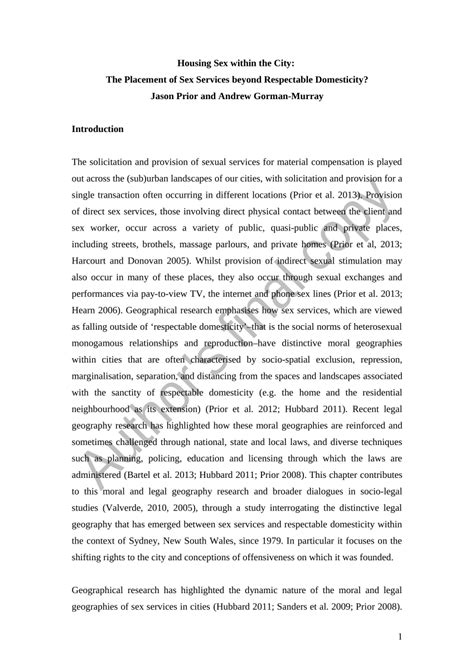 Pdf Housing Sex Within The City The Placement Of Sex Services Beyond