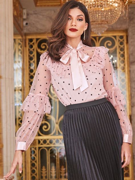 Shein Jabot Collar Lantern Sleeve Sheer Chiffon Blouse Without Bra