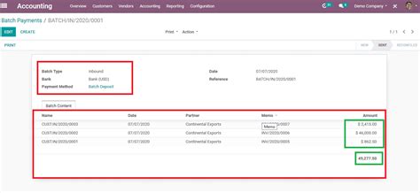 batch deposit of checks in odoo 13
