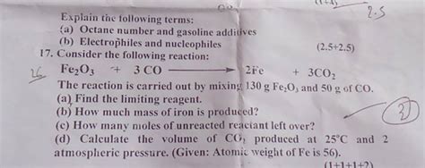 Consider The Following Reaction 2 5 2 5 26fe2 O3 3co 2fe 3co2 The Re