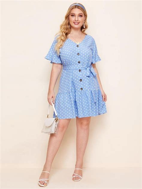Shein Plus V Neck Ruffle Hem Belted Polka Dot Dress Dot Dress Polka