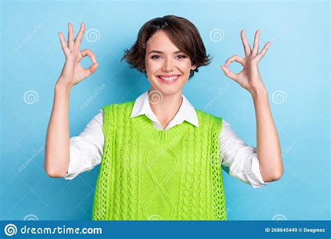 Photo Of Good Mood Girlish Woman With Bob Hairstyle Dressed Green