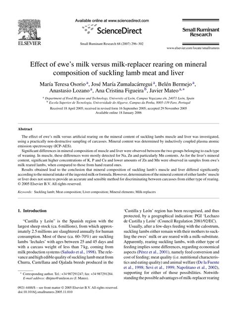 Pdf Effect Of Ewes Milk Versus Milk Replacer Rearing On Mineral