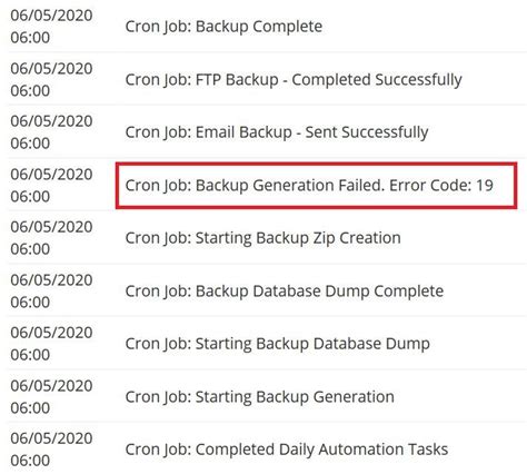 cron job backup generation failed error code 19 troubleshooting