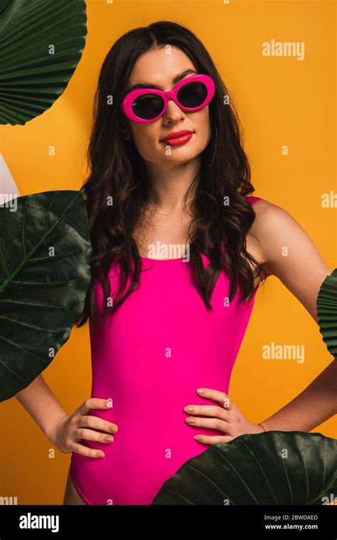 Stylish Girl In Sunglasses And Swimsuit Standing With Hands On Hips