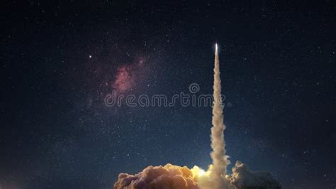 Space Rocket With A Blast And Puffs Of Smoke Successfully Takes Off