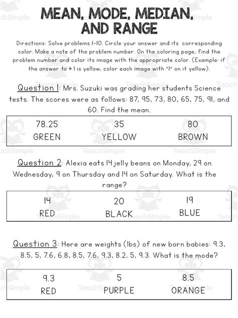 Mean Mode Median Range Color By Number Worksheet By Teach Simple