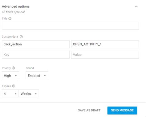 android firebase console how to specify click action for