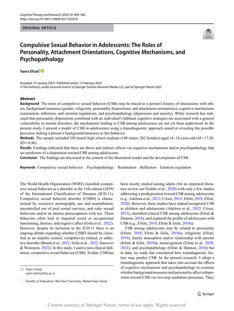Compulsive Sexual Behavior In Adolescents The Roles Of Personality