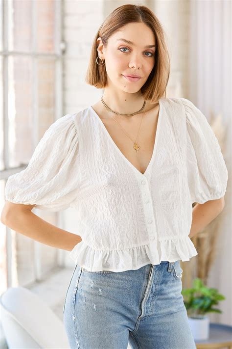 White Puff Sleeve Top V Neck Blouse Ruffled Button Up Top Lulus