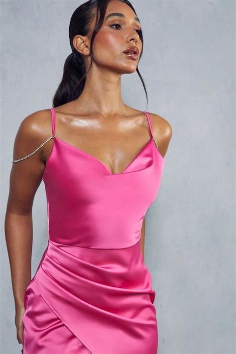 Dresses Premium Satin Diamante Strap Split Leg Maxi Dress Misspap
