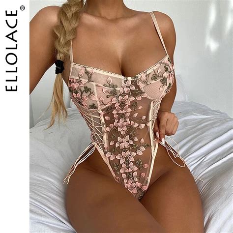 Ellolace Floral Embroidery Bodysuit Women Lace Up Bandage Bodies Sexy