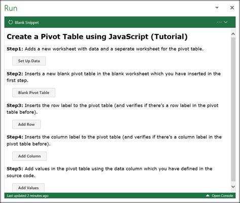 using script lab to create a pivottable with javascript excelguru