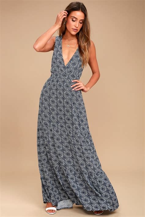 Boho Navy Blue Print Dress Maxi Dress Tiered Maxi Sleeveless Maxi