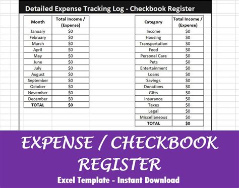 checkbook register detailed expense log excel downloand etsy