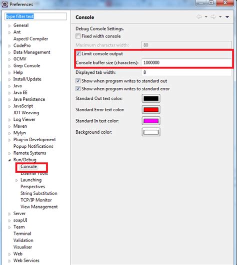 how do i increase the capacity of the eclipse output console stack
