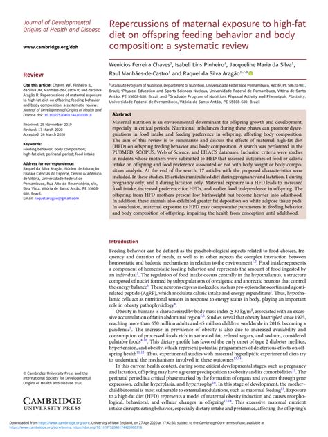 Pdf Repercussions Of Maternal Exposure To High Fat Diet On Offspring
