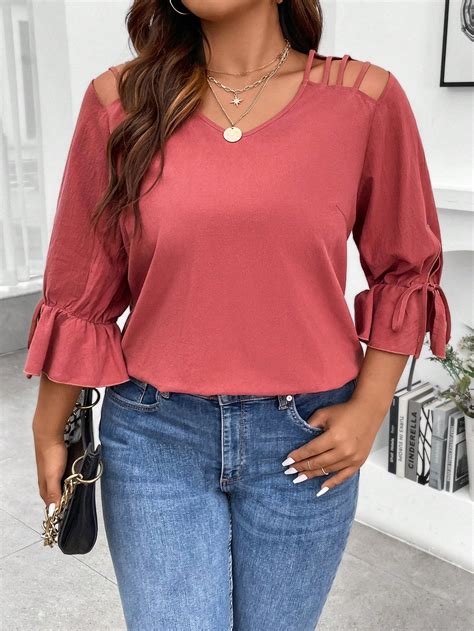 Shein Essnce Plus Cut Out Knot Flounce Sleeve Blouse Shein Usa