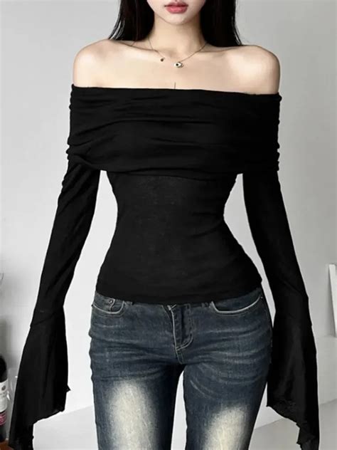 Y2k Women Vintage Sexy Slash Neck Tunic T Shirts Top Oversized Acubi