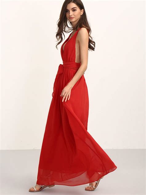 Red V Neck Tie Waist Sleeveless Maxi Dress Shein Sheinside