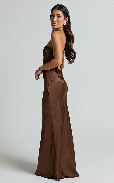 Charlita Maxi Dress Strapless Cowl Back Satin Dress In Chocolate Showpo