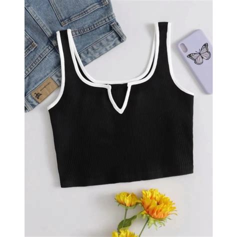 Angelcity Crop Top Rib Knit Tank Top V Neck Sleeveless Tops Top