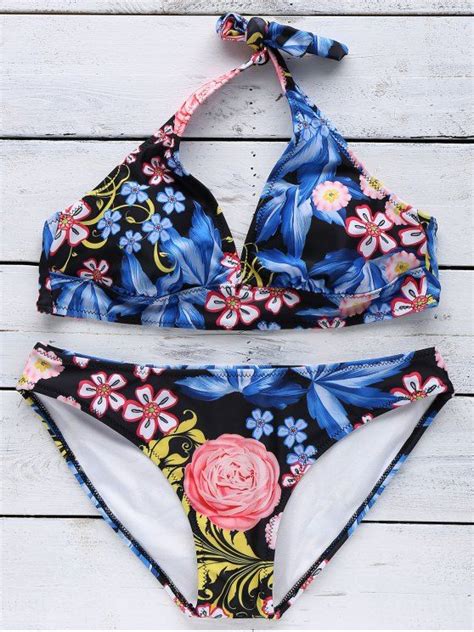 [20 Off] 2021 Halter Neck Flower Print Bikini Set In Black Zaful