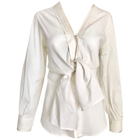 Yves Saint Laurent By Tom Ford White Cotton Tie Front Blouse For Sale