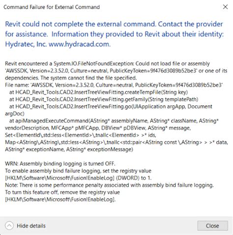 hydracards revit could not complete the external command system io